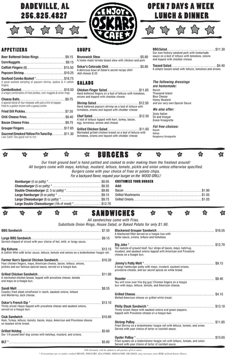 Menu – Oskar’s Cafe at Lake Martin